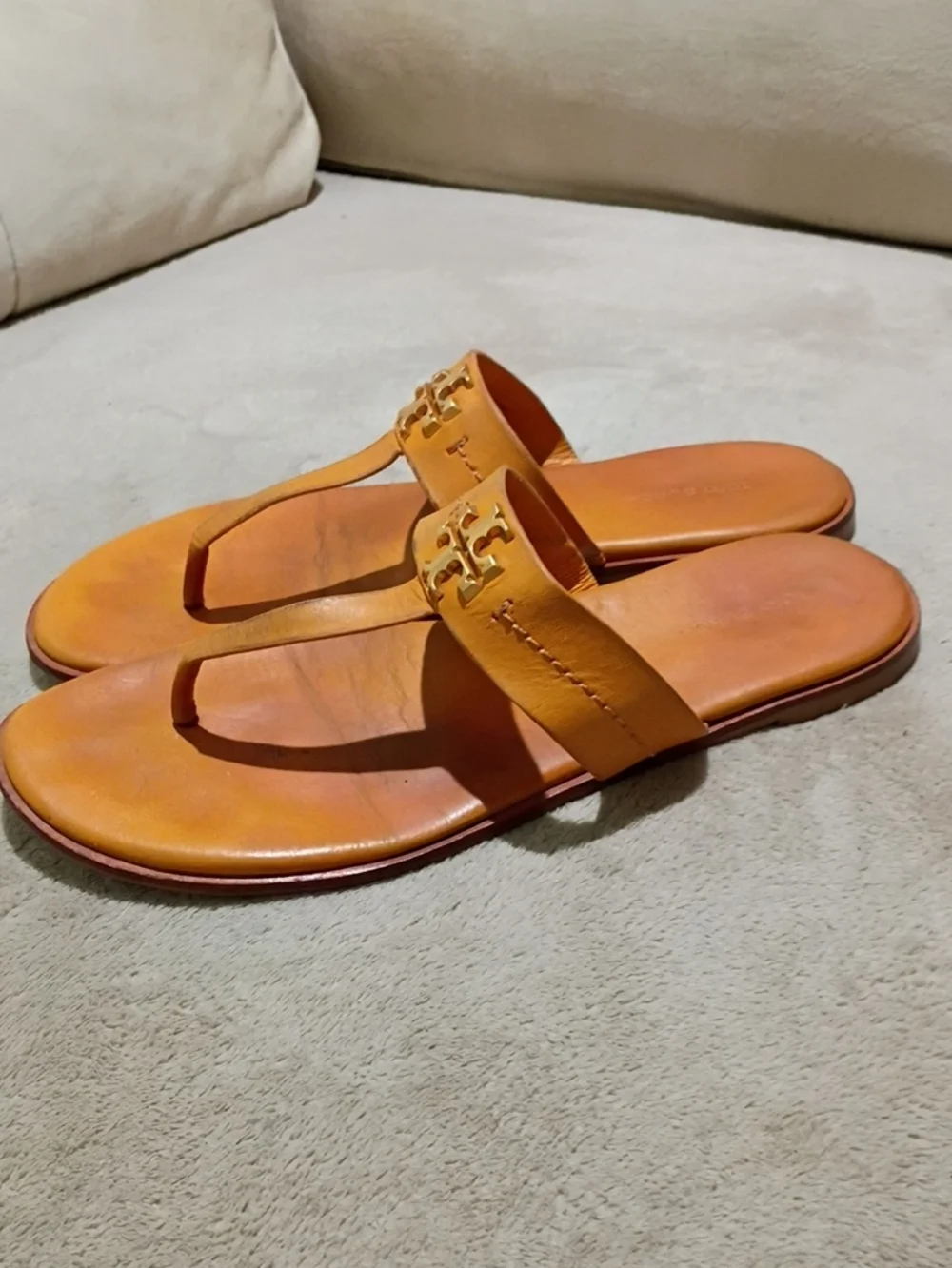 Tory Burch | Shoes | Tory Burch Tan Leather Logo Thong Sandals | Poshmark